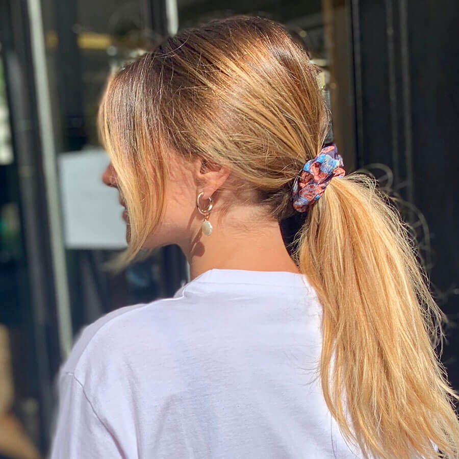 Mariposa- BlueNight Silk Hair Scrunchy on ponytail | Mont Kiji